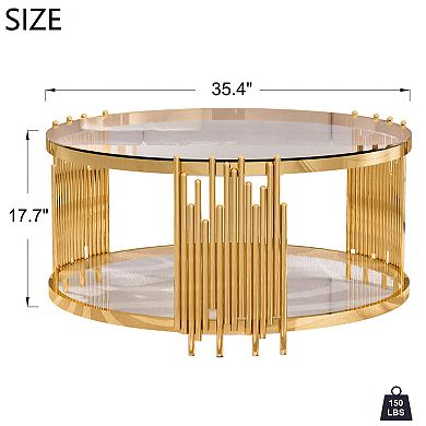 35.43" Round Glass Coffee Table, Modern Two-Tier Center Table with Gold ...