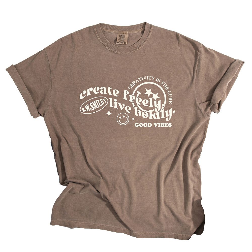 S.W.Smiley Create Freely Live Boldly - Women's Garment Dyed Graphic T-Shirt