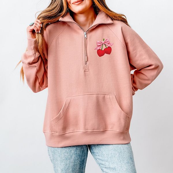 Cherry Hearts Pink Bow Patchwork Print - Women's Quarter Zip Fleece ...