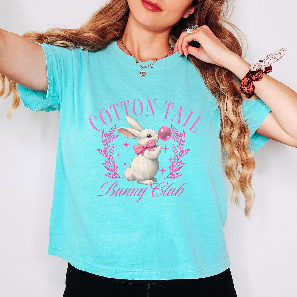 Cotton Tail Bunny Club Bubblegum - Women's Boxy Crop Top Graphic T-Shirt