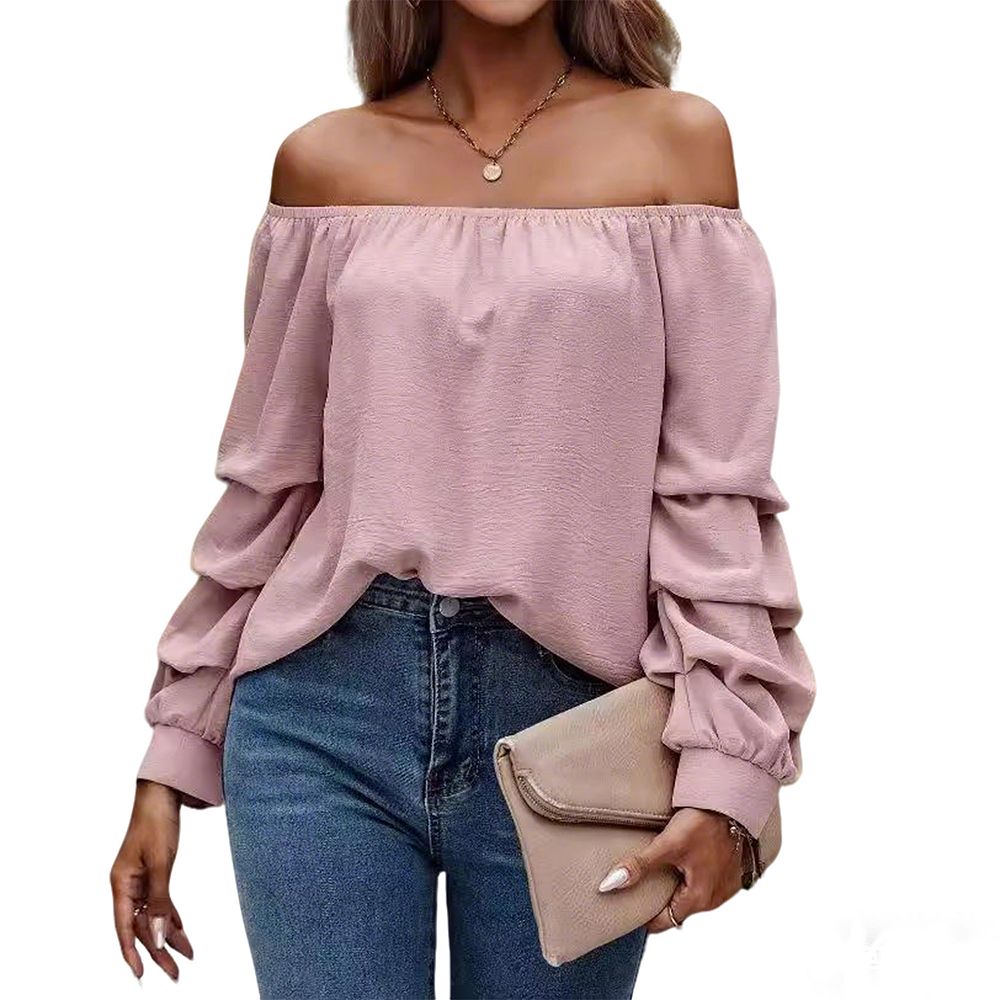 Women's Summer Fall Off Shoulder Ruched Long Sleeve Shirt Elegant Loose ...