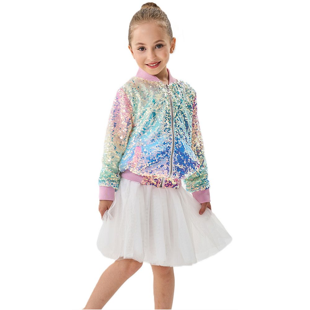 2Bunnies Girls' Magic Ombre Sequin Bomber Jacket with Pink Shimmer Trim