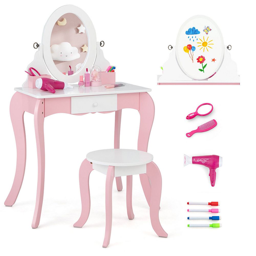Kids Pretend Vanity Set with 360° Rotating Mirror and Accessories