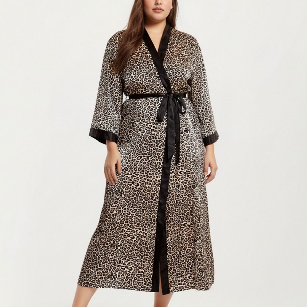 Women' s Leopard Print Satin Robe with Contrast Trim Soft Silky Fabric ...