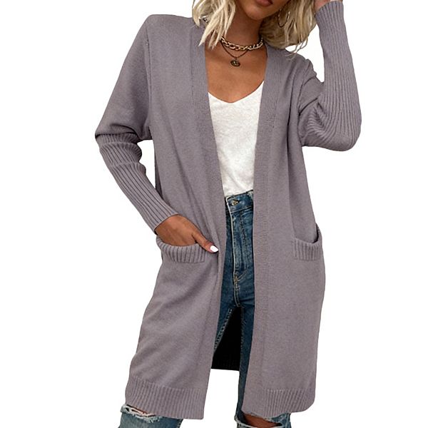 Women's Long Sleeve Draped Longline Open Front Knit Cardigan with Pockets