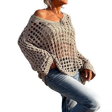 Womens V Neck Long Sleeve Hollow Out Knit Cover Up Beach Shirt Top
