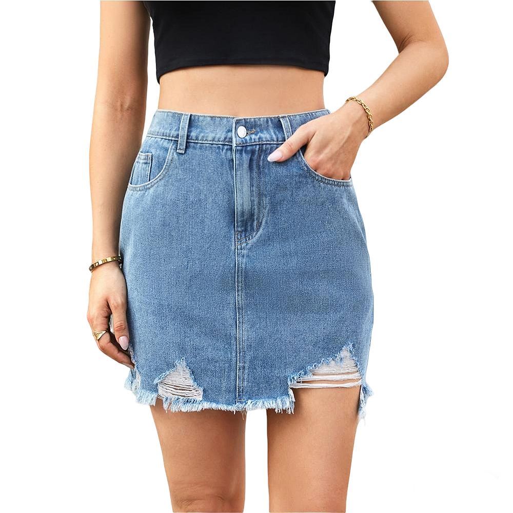 Women's High Waisted Denim Mini Skirt Ripped Distressed Hem Skirt
