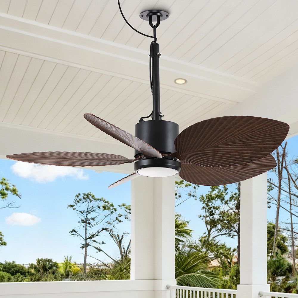 42" Tropical Style Black Leaf-Shaped Blades Ceiling Fan with Dimmable ...