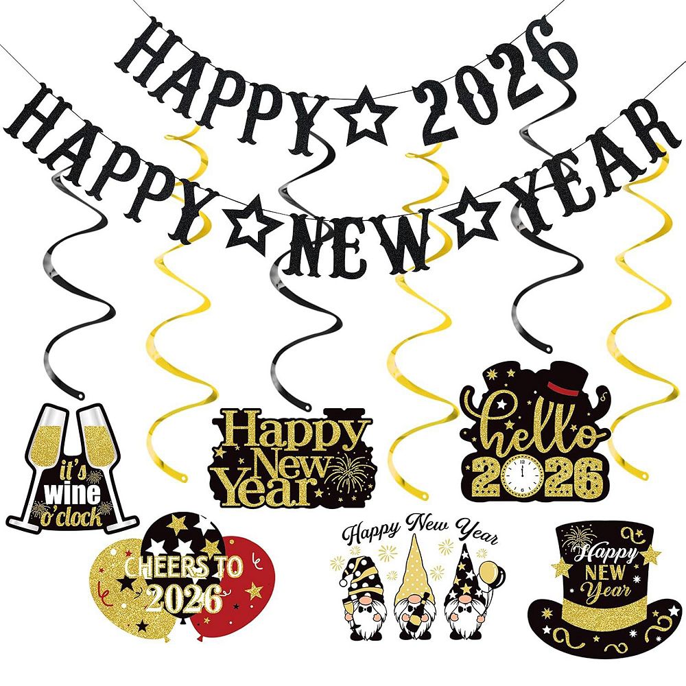 Black Glitter 2026 New Year's Banner for NYE Party Supplies