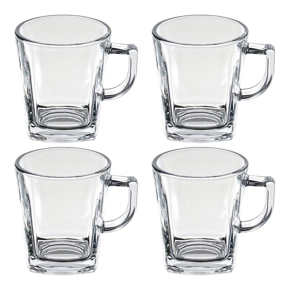Set of 4 Clear Square Glass Mugs, 10 oz Coffee and Tea Cups