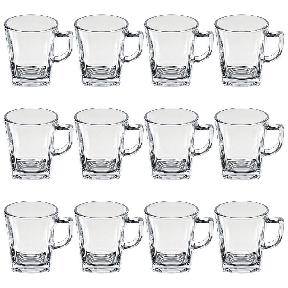 Set of 12 Clear Square Glass Mugs, 10 oz Coffee and Tea Cups
