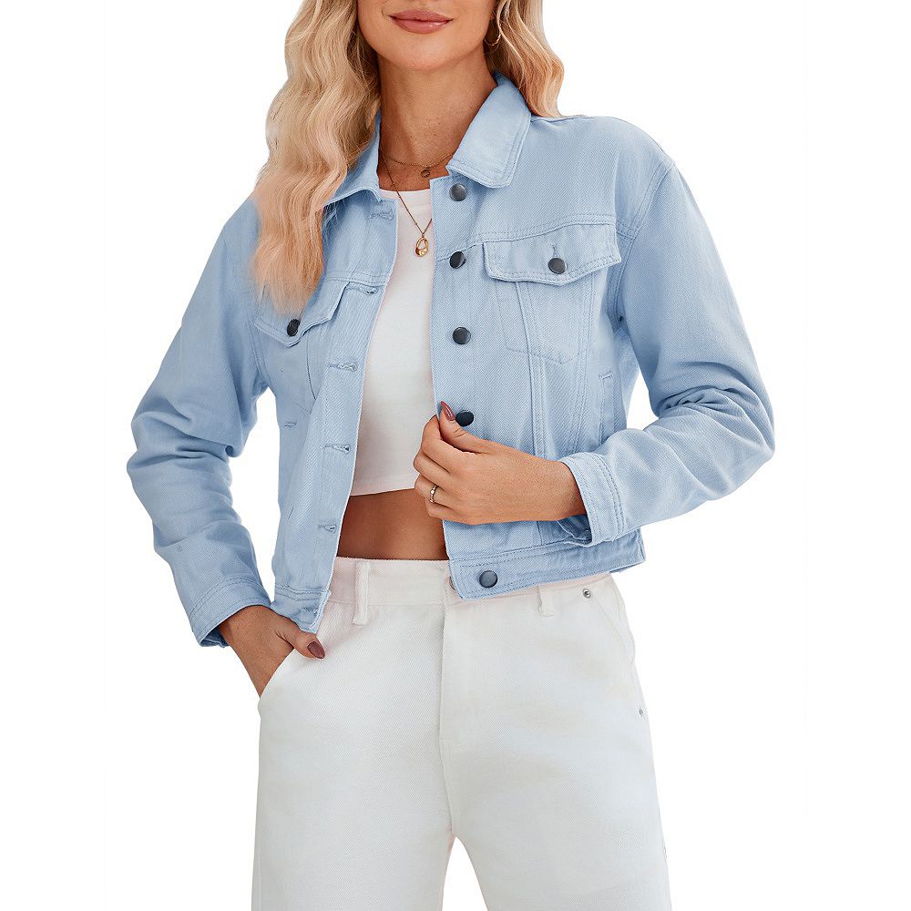 Cropped Jean Jackets for Women Long Sleeve Short Denim Shacket Jacket ...