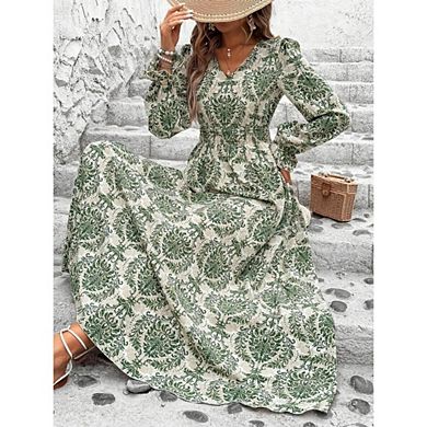 Women's Fall Dresses Boho Long Sleeve Flowy Casual Floral Maxi Dress V ...