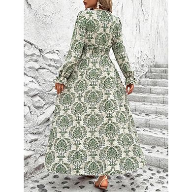 Women's Fall Dresses Boho Long Sleeve Flowy Casual Floral Maxi Dress V ...