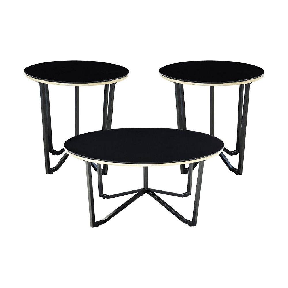 Amyra 3pc Occasional Coffee and End Table Set, Black Glass, Gold
