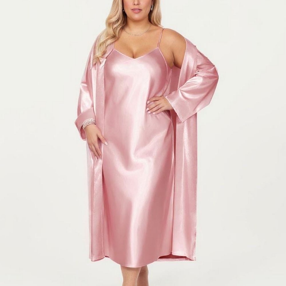 Women's PLus Size Satin 2-Piece Robe and Slip Dress Set with Adjustable ...