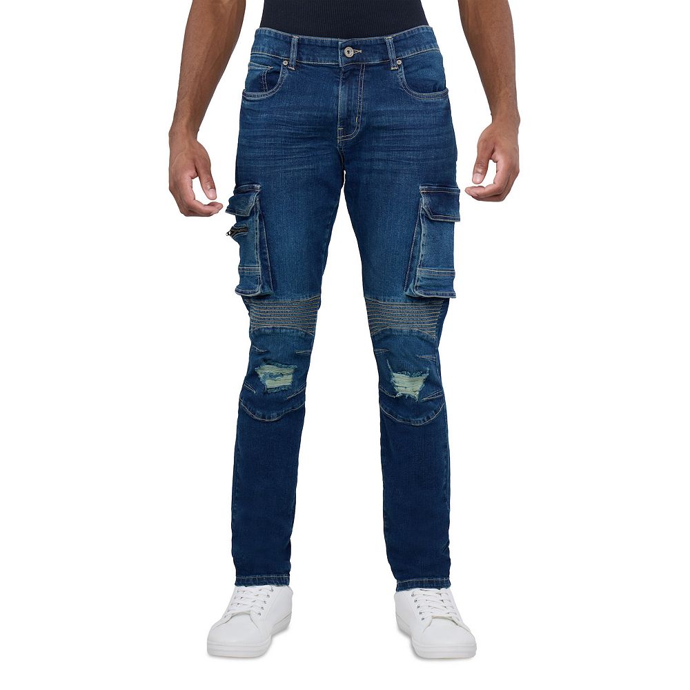 Men's Slim Fit Moto Rip And Repair Cargo Jeans