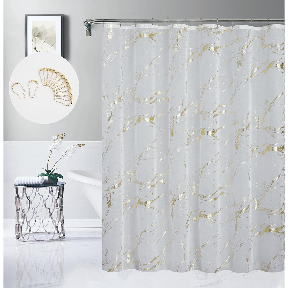 Dainty Home Chloe Linen Textured Metallic Fabric Shower Curtain with 12 ...