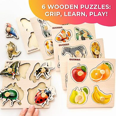 QUOKKA Wooden Puzzle 6 Pegged Puzzles for Kids 2-4 Years Animal and ...