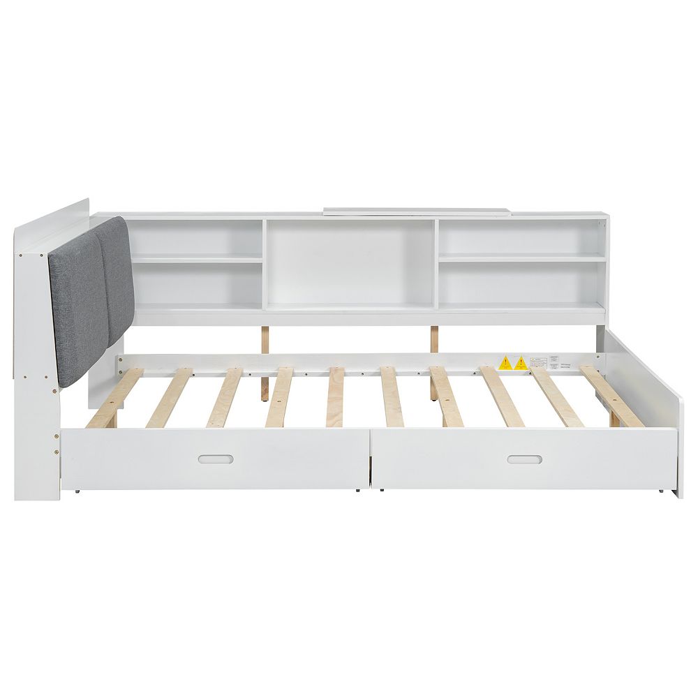 Whisen Wood Platform Bed with Storage Headboard, Shelves and 2 Drawers