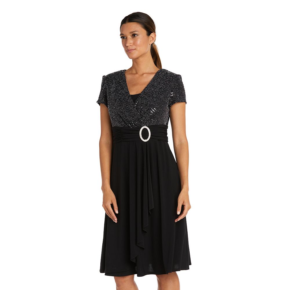 Petite R&M Richards Sheer Sleeve Detail Cascade Wrap Dress