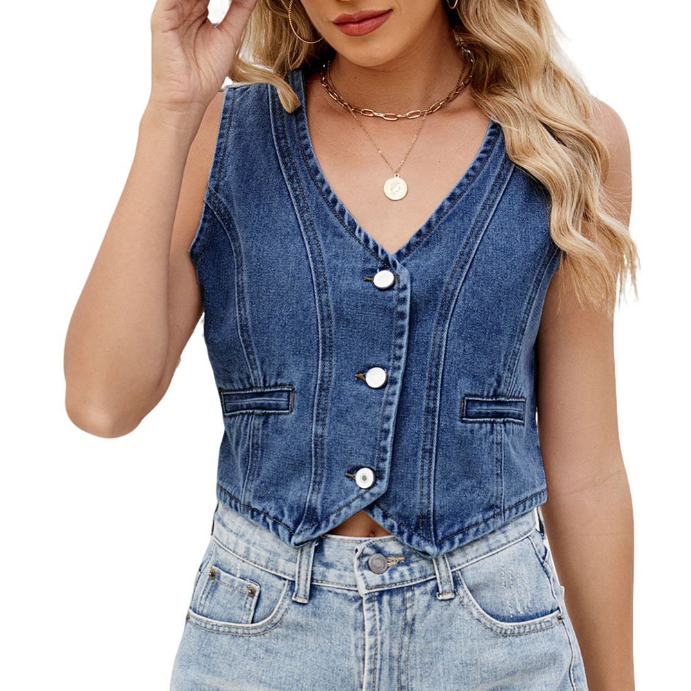 Womens V Neck Sleeveless Denim Vest Button Front Cropped Top