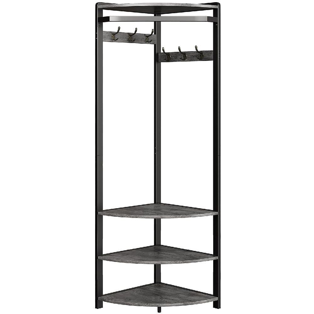 Corner Coat Rack Stand with 6 Double Hooks & Shoe Storage Shelves ...