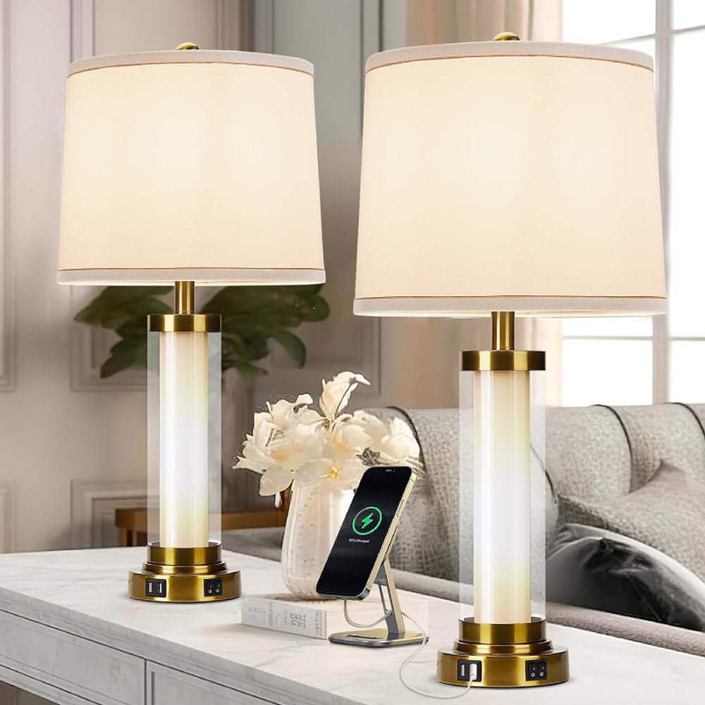 2 Pack Gold Round Glass Rechargeable Table Lamps