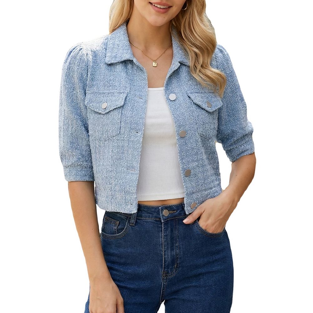Cropped Denim Jacket for Women Puff Sleeve Button Down Vintage Jean ...