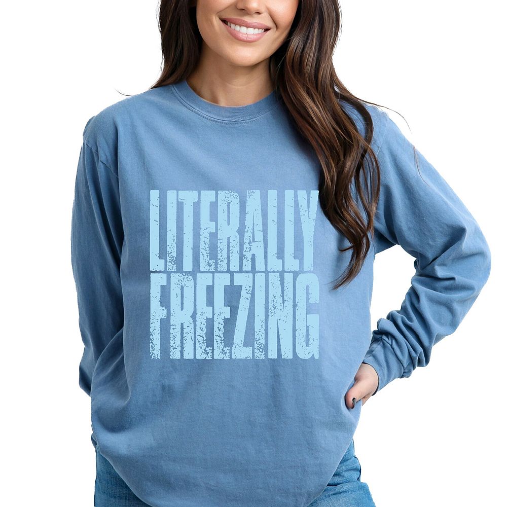 Literally Freezing Block Distressed - Women's Garment Dyed Long Sleeve ...