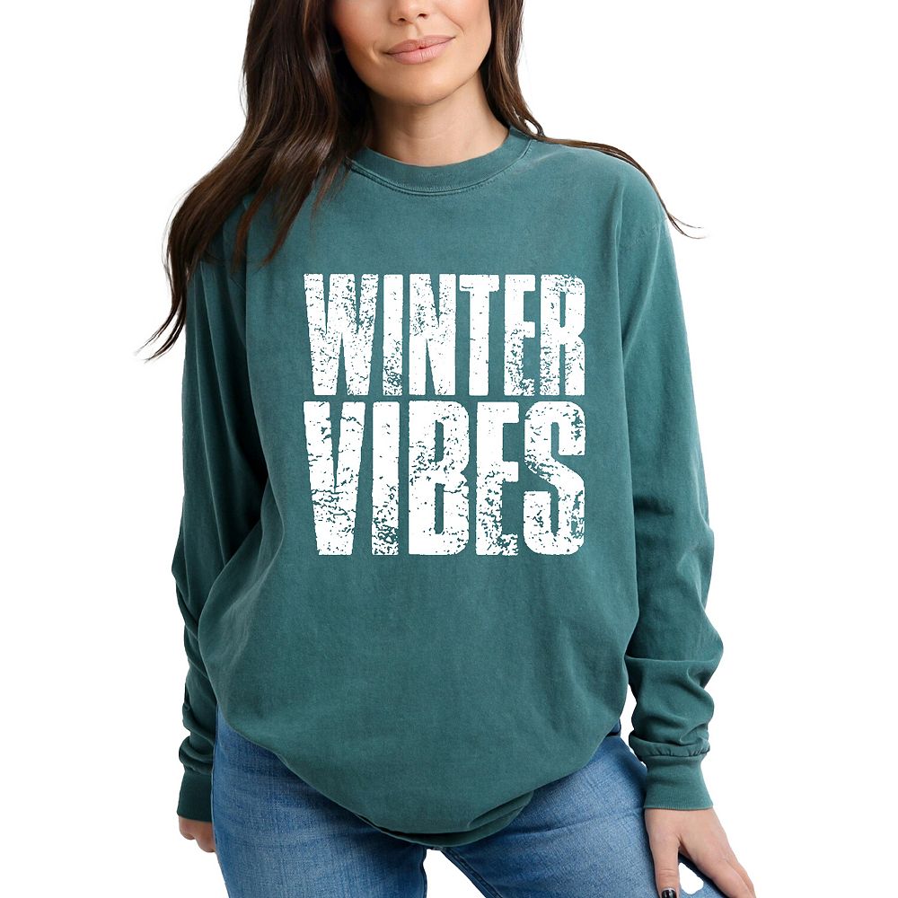 Winter Vibes Block Distressed - Women's Garment Dyed Long Sleeve ...