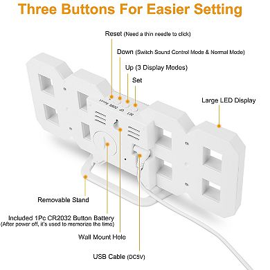 3D LED Wall Clock Large Digital Alarm Clock with Snooze, Auto ...