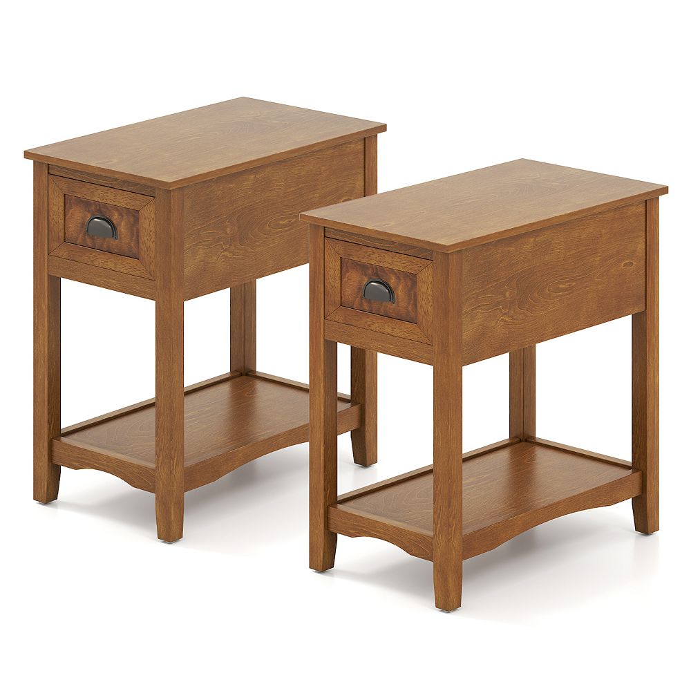 2 Pieces Retro Narrow Tiered End Table with Drawer and Storing Shelf