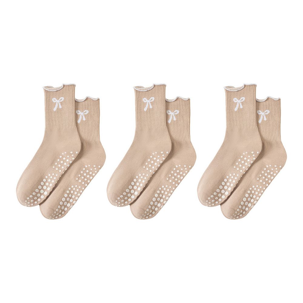 3-Piece Set Ribbed Crew Socks with Bow Embroidery Scalloped Cuff and ...