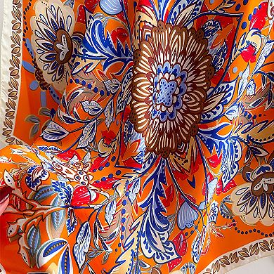 Floral Satin Square Scarf Lightweight Soft Feel with Decorative Border