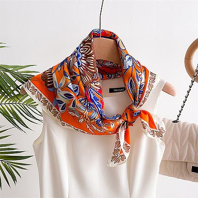 Floral Satin Square Scarf Lightweight Soft Feel with Decorative Border