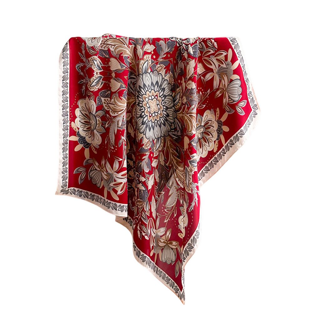 Floral Satin Square Scarf Lightweight Soft Feel with Decorative Border