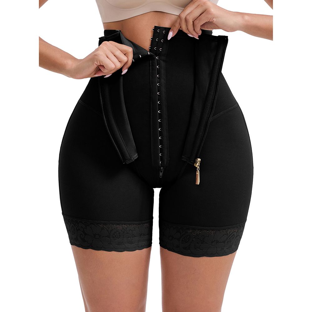 Women's High Rise Lace Trim Control Panties Zipper and Hooks Hip ...