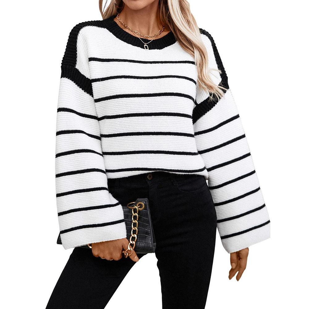 Women's Striped Drop Shoulder Long Sleeve Sweater Oversized Crew Neck ...