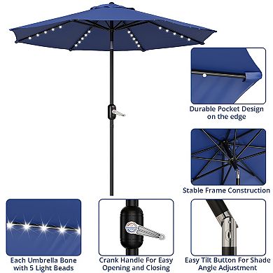 10FT Solar Patio Umbrella, LED Lights with Tilt & Crank, 8-Rib Steel ...