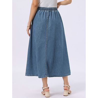 Denim Maxi Skirt for Women Elastic Waist Casual A Line Long Jean Skirts