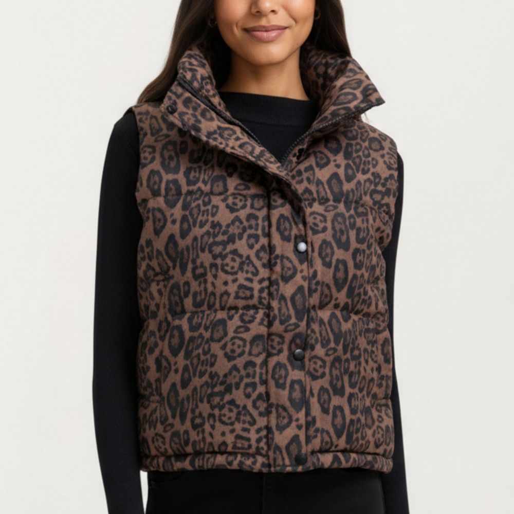 Women's Leopard Print Puffer Vest with High Stand Collar and Quilted ...
