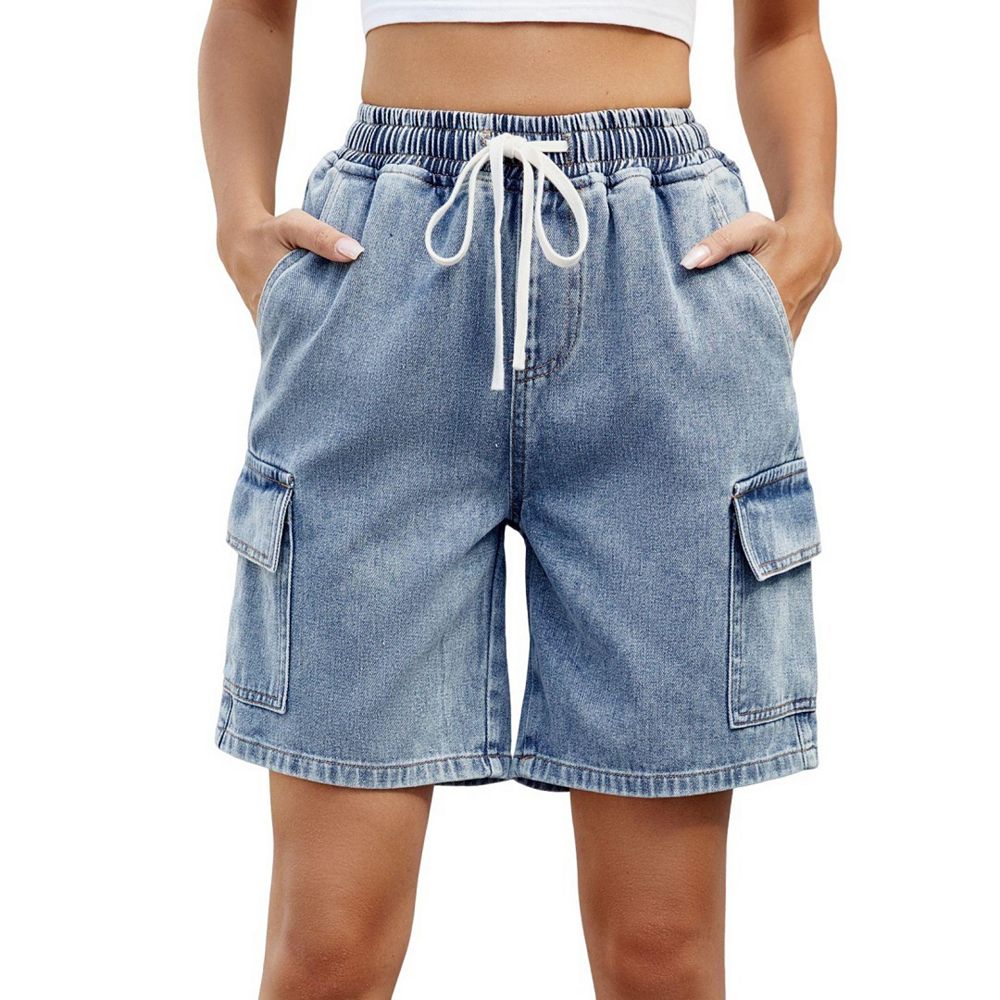 Women's Side Pockets Drawstring Denim Shorts Elastic Waist Cargo ...