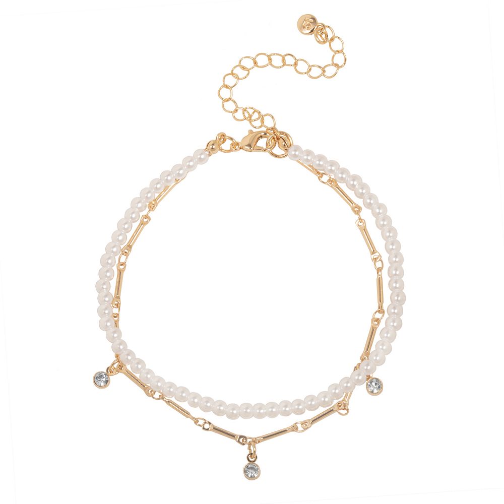 LC Lauren Conrad Gold Tone Multi Row Simulated Pearl and Chain Anklet