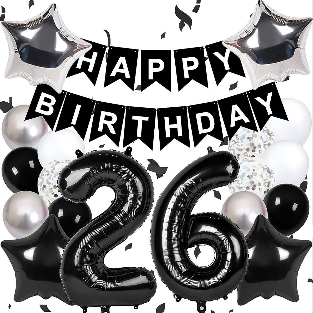 26th Birthday Decorations, Black & Silver Banner, 40" Balloons for Men ...