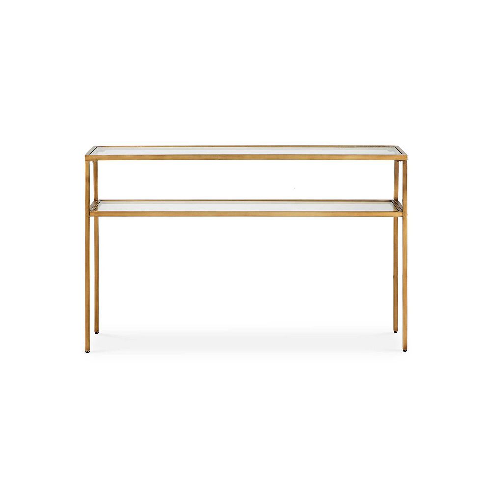 Ted Sofa Console Table w Open Shelf, 48 Inch Glass Top, Gold Iron