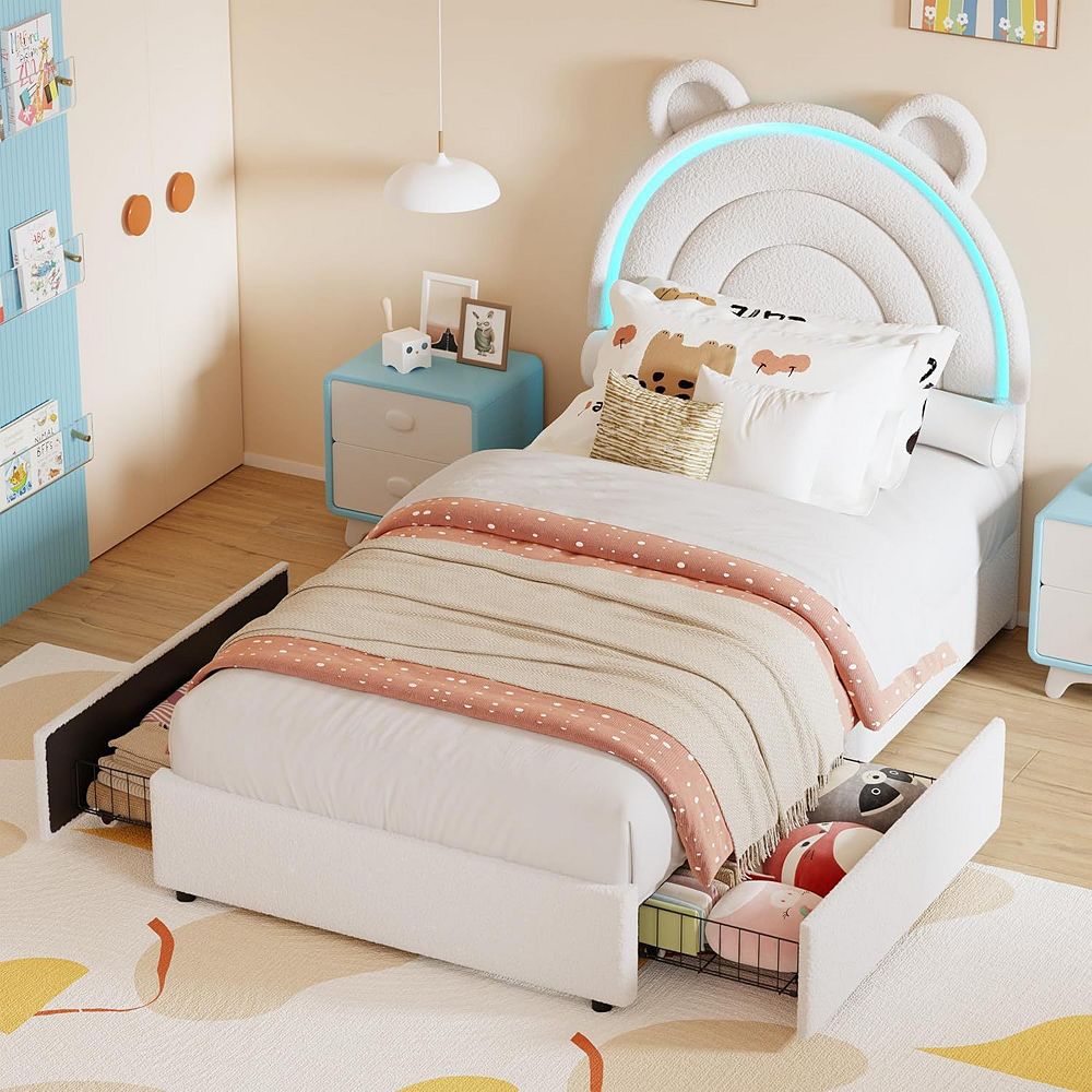 Princess Style Twin Size Upholstered Bed Frame with LED Rainbow ...