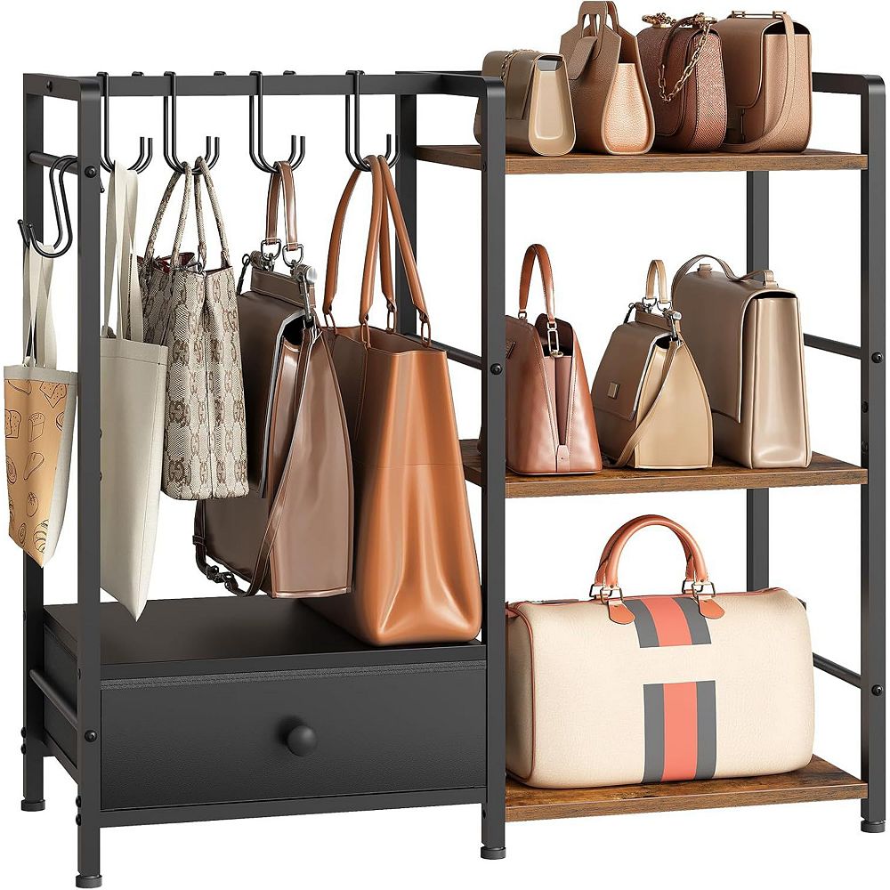 3-Tier Purse Organizer with 6 Hooks, Floor Standing Handbag Storage ...