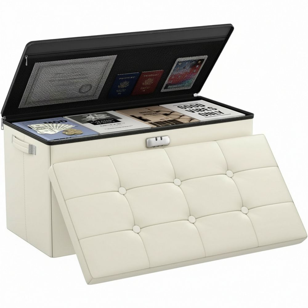 AKSZRI Fireproof Leather Storage Ottoman with Lock - Waterproof ...