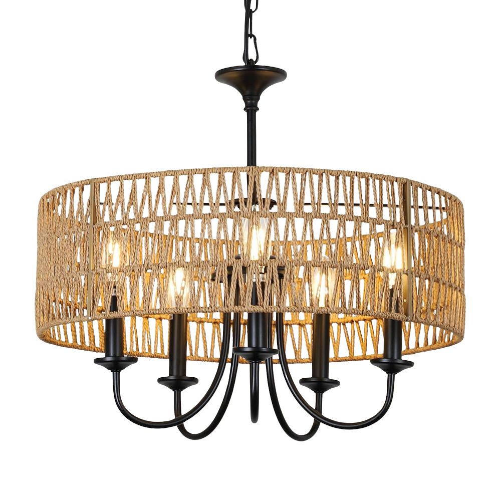 ELEMENT ACE Modern Farmhouse Style 5-Light Rattan and Metal Chandelier ...